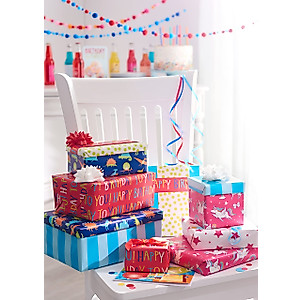 American Greetings Reversible Birthday Wrapping Paper for Kids, Dinosaurs and Unicorns (3 Rolls, 120 sq. ft)