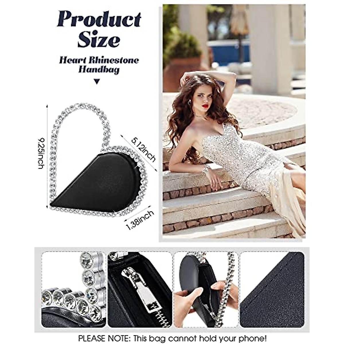 Henoyso Cute Mini Heart Shape Women Evening Clutch Bag Rhinestone Choker Necklace Heart Earrings for Valentine's Day Gift (Black)