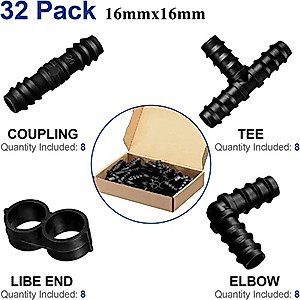 Maitys Irrigation Fittings Kit for Tubing 32 Piece Set, 8 Tees, 8 Couplings, 8 Elbows and 8 End Cap Plugs Barbed Connectors for Drip Sprinkler Systems, Garden, Patio, Lawn or Flower Bed (1/2 Inch)