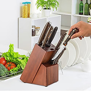 COSTWAY Kitchen Knife Set, Full Tang Knife Set with Block, Sharpener & Kitchen Shears, Includes Chef Knife, Bread Knife, Santoku Knife, Utility Knife, Paring Knife, 6 Steak Knives (15-Pieces, Brown)