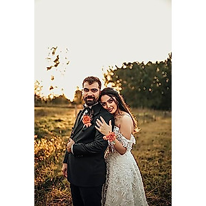 YSUCAU Burnt Orange Rose Wrist Corsage Wristlet Band Bracelet and Men Boutonniere Set for Wedding, Artificial Flower Wrist Corsage Bracelets for Fall Wedding Homecoming Prom Suit Decorations