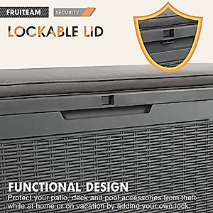 FRUITEAM 100 Gallon Patio Deck Box Outdoor Storage Box with Soft Cushion, Lockable Resin Storage Bin Weather Resistant for Patio Furniture Pillows, Pool Toys, Garden Tools
