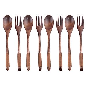 Antrader Wooden Spoons Forks Set Kitchen Tableware Dinnerware Flatware Eco friendly Natural Wood Cutlery Wooden Dinner Utensil Set, 4 Spoons and 4 Forks