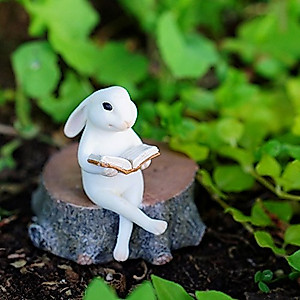 Top Collection Miniature Fairy Garden & Terrarium Bunny Reading on Stump Statue, Small,Ivory
