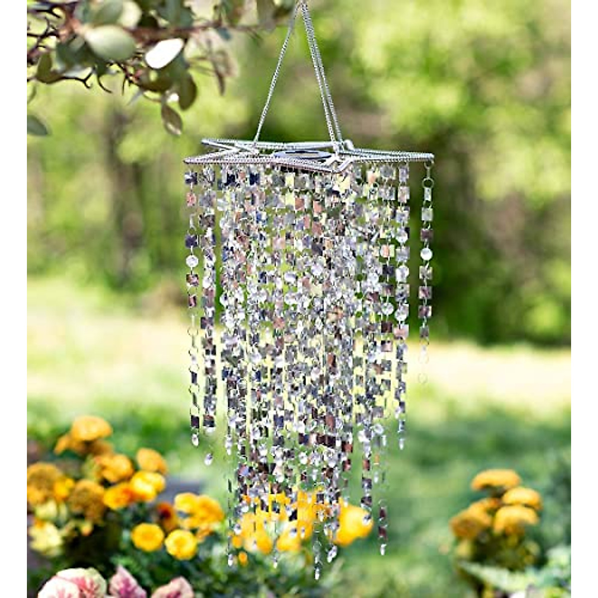 Wind & Weather 12-Inch Diameter by 29.5-Inch High Star-Shaped Mirrored Outdoor Chandelier with Solar Lights Powered by Discreet Solar Panel in Top with 9-Inch Long Hanging Chain Included
