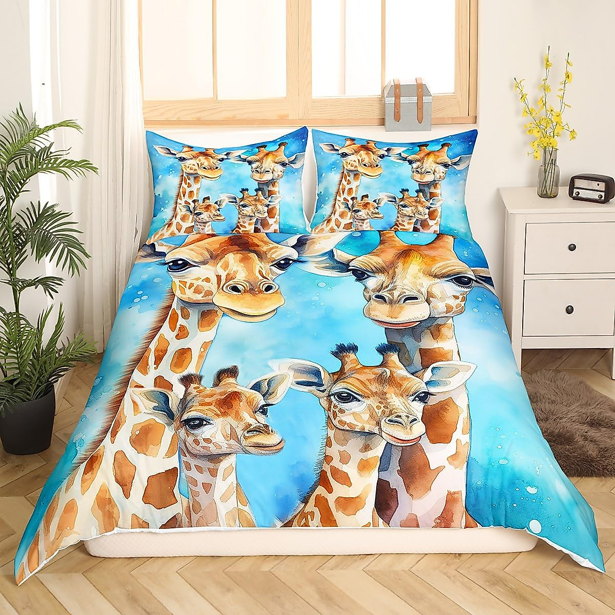 Manfei Giraffe Kids Duvet Cover Set Twin Size, Cute Giraffe Family Comforter Cover, Cartoon Animal Theme Bedding Set for Boys Girls Adults Bedroom Decor, Lightweight Bedspread Cover, 1 Pillowcase