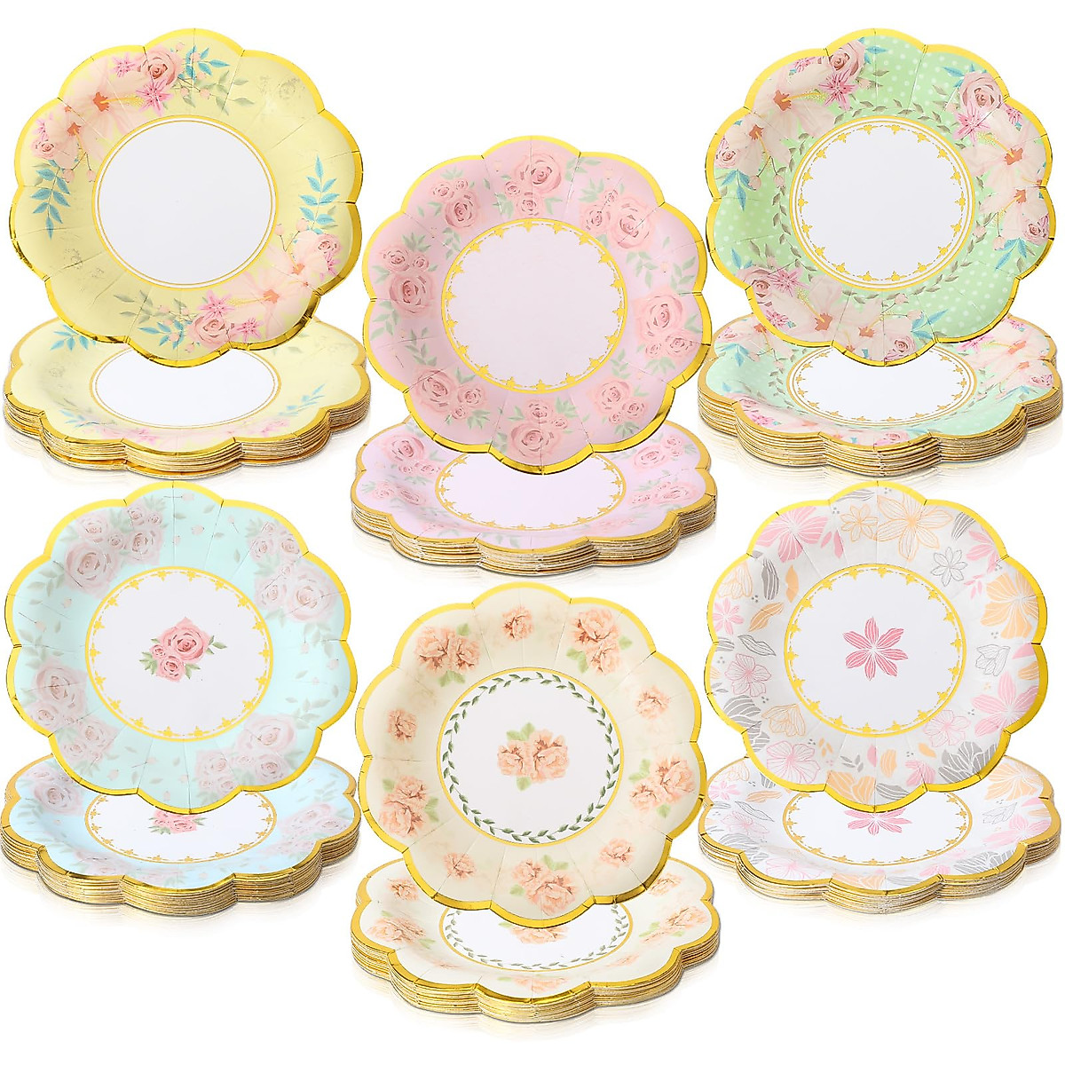 Maxcheck 72 Pcs Floral Paper Plates Flower Plates with Gold Rim Disposable Plates for Tea Party Decorations Birthday Baby Shower Wedding Bridal Supplies (6 Inch)