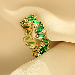 Green Cubic Zirconia Engagement Wedding Rings 14k Gold Plated Stackable Emerald Green Gold Rings Brides Bridesmaid Rhinestone Statement Ring wedding Party Prom Jewelry for Women - size7