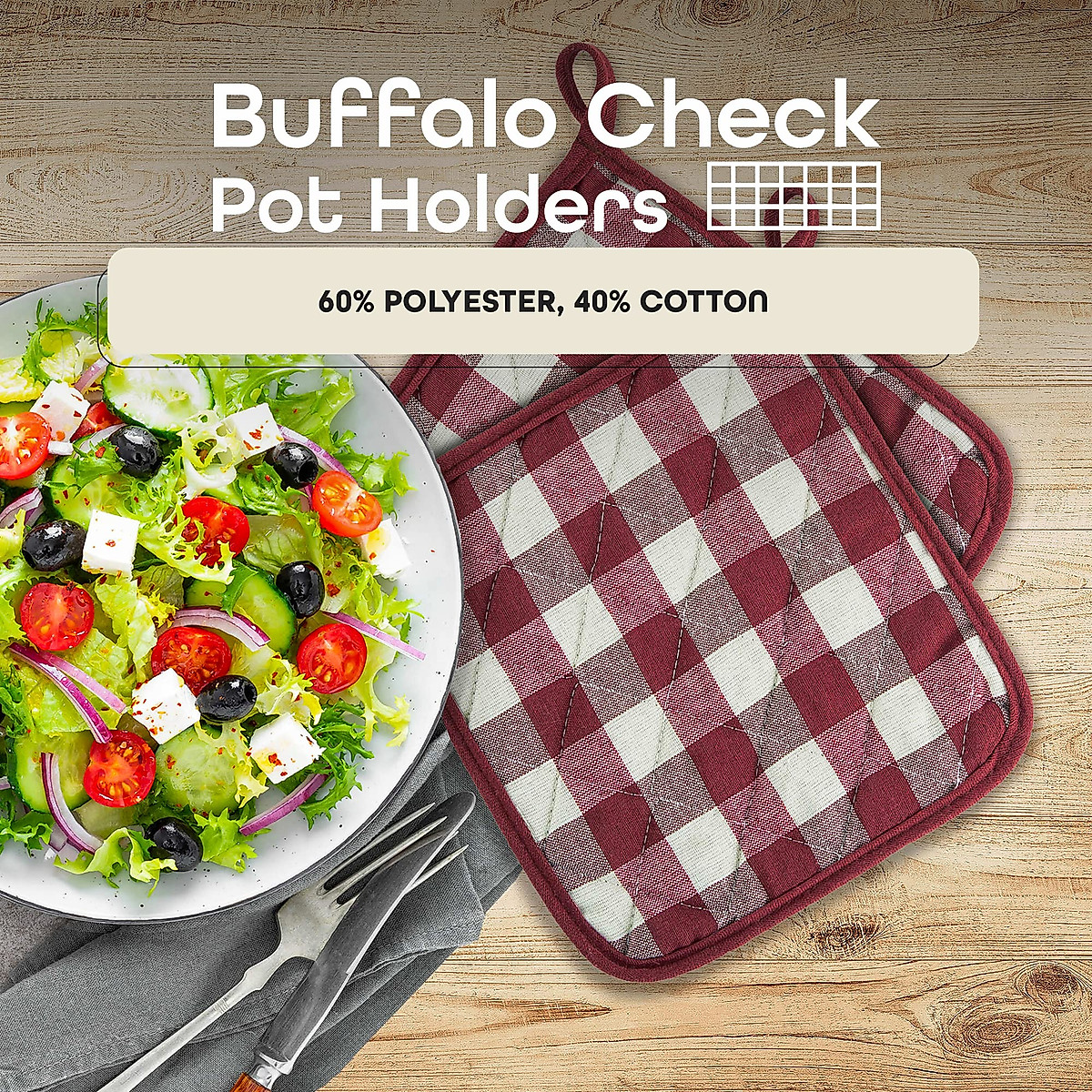 Buffalo Check Pot Holders, 2 Pack, Burgundy - 8" x 18" - Quilted Trivet Pot Holders are Heat Resistant, Machine Washable & Stain Repellant - Non-Slip for Pots & Pans by Achim Home Decor