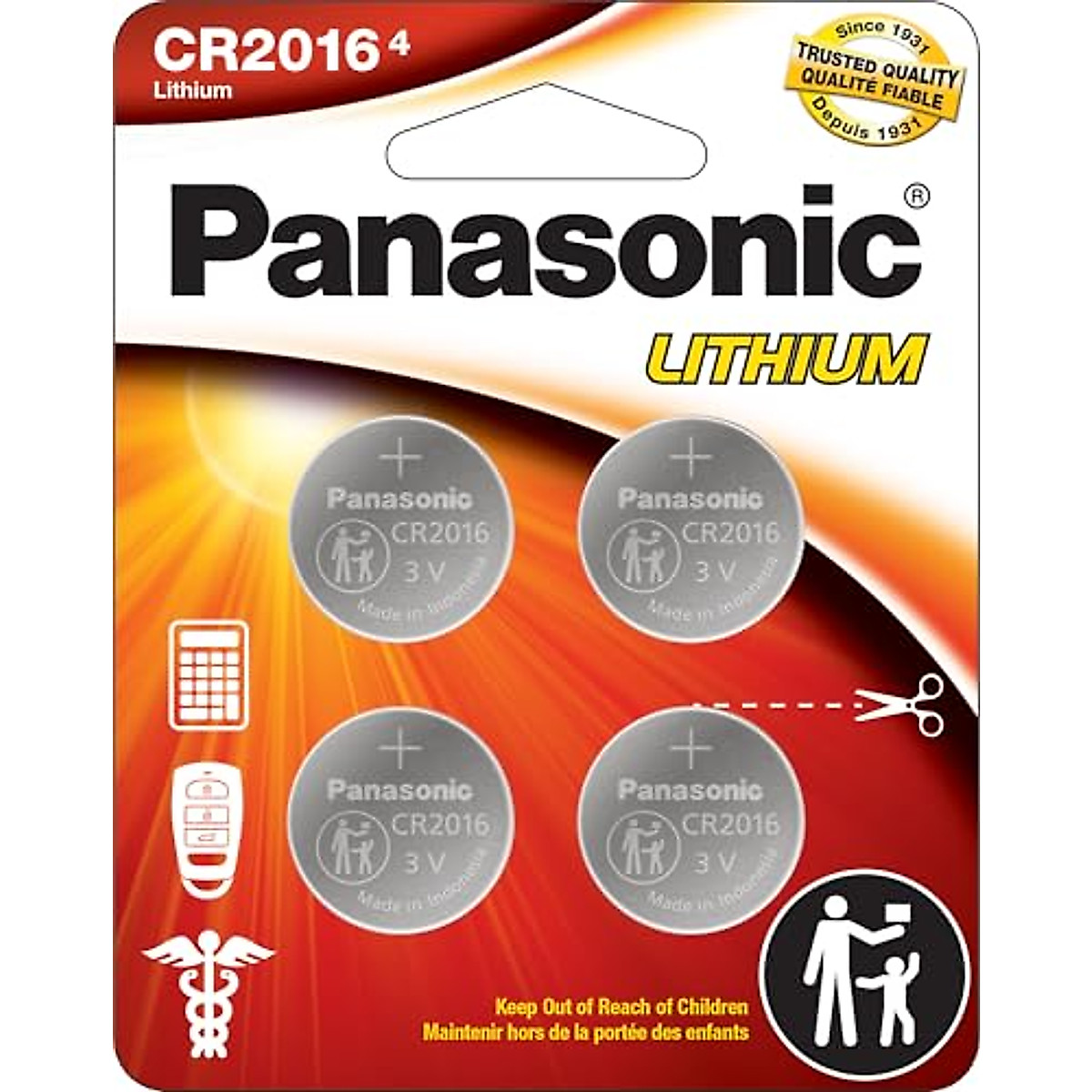 Panasonic CR2016 3.0 Volt Long Lasting Lithium Coin Cell Batteries in Child Resistant, Standards Based Packaging, 4-Battery Pack