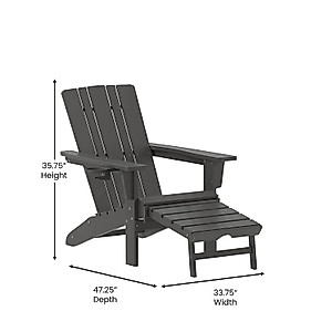 Flash Furniture Halifax Poly Resin Adirondack Chair with Cup Holder and Pull Out Ottoman, All-Weather Poly Resin Indoor/Outdoor Lounge Chair, Set of 2, Gray