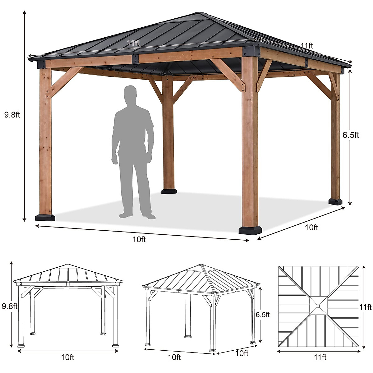 ABCCANOPY Wood Gazebo 11x11 - Outdoor Patio Wooden Gazebo with Hardtop Metal Double Roof with Mosquito Netting for Garden, Backyard and Deck