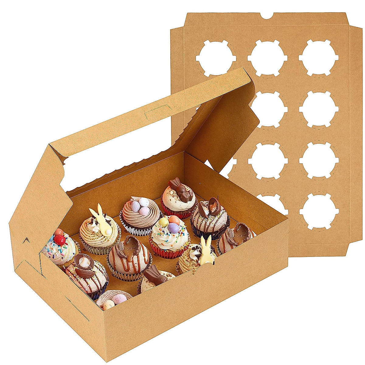 Moretoes 12 Count x 10 Sets Cupcake Carrier Boxes, 13 x 10 x 3.5 Inches, Brown Cupcake Containers Kraft Bakery Carrier Boxes with Windows and Inserts to Hold Cupcakes, Muffins and Pastries