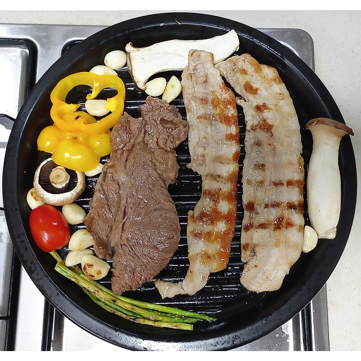 GREATUS Korean Dojagi Grill Pan 13 Inches, Stoneware Ceramic Griddle Indoor Outdoor Stovetop Nonstick BBQ Oven Dishwasher safe PTFE PFOA free