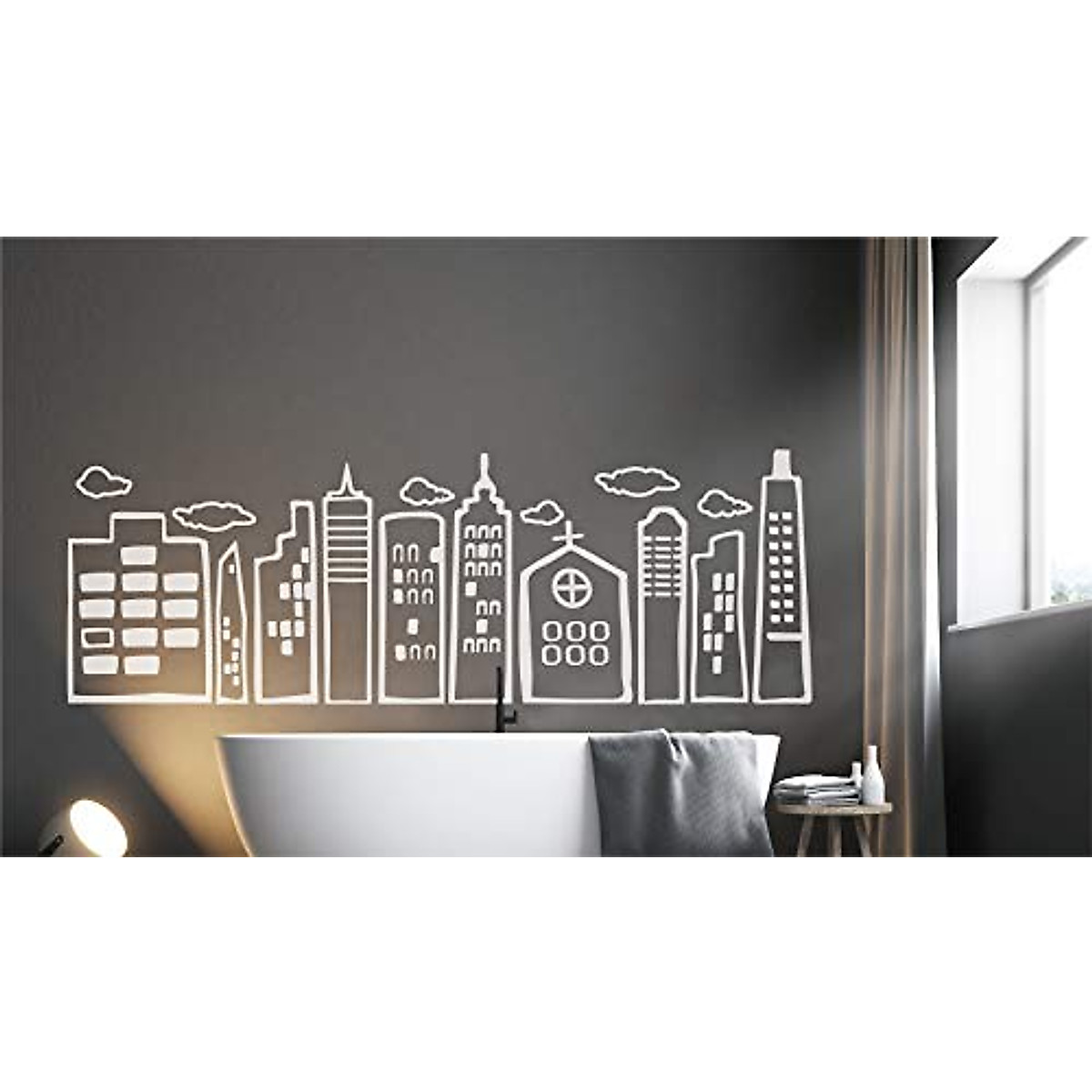 Doodled City Skyline Wall Decal- Cityscape Vinyl Stickers for Bedroom Living Room Kids Room Nursery Home Decor-White