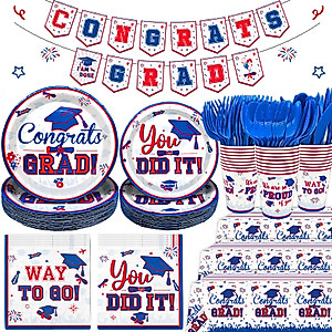 183Pcs Red and Blue Graduation Party Supplies 2024 Graduation Decorations Class of 2024 Graduation Plates and Napkins 2024 Red White and Blue 2024 Graduation Party Decorations Graduation Decorations
