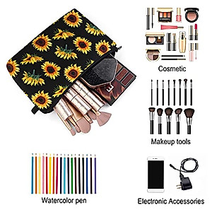 MAGEFY Sunflower Makeup Bag for Women, Portable Travel Cosmetic Bag with Black Zipper Pouch Waterproof Makeup Pouch Multifunctional Small Bag for Women (1 pack, sunflower 0173)