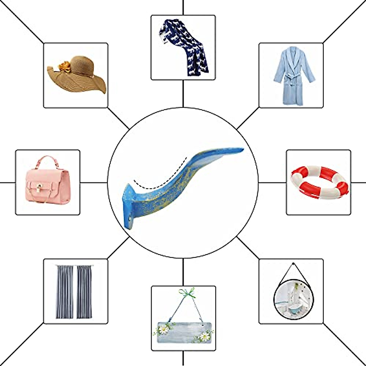 Set of 2 Cast Iron Wall Hook-Unique Whale Tail Shape (Gold & Blue Finish)