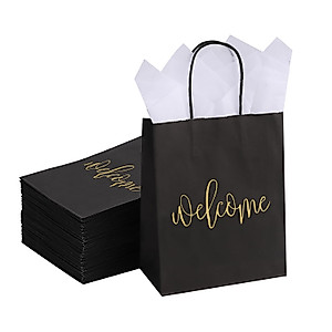 DjinnGlory 50 Pack Medium Black Welcome Paper Gift Bags with Handles and 50-Sheet White Tissue Paper for Wedding Hotel Guests Engagement Bridal Shower Birthday Party Favors (10''x8''x4'')