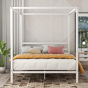 Metal Framed Canopy Platform Bed with Built-in Headboard,No Box Spring Needed, Classic Design, Queen,White