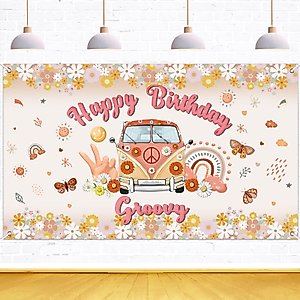 Groovy Party Decorations, Retro Hippie Boho Birthday Party Banner Backdrop Daisy Flower Groovy Sign Background Photography for Groovy Hippie Theme Birthday Party Baby Shower, 72.8 x 43.3 Inch…