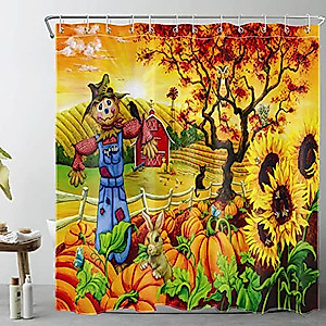 ECOTOB Fall Scarecrow Pumpkin Shower Curtain Set Scarecrow and Sunflowers Pumpkin with Butterflies Bath Mat and Shower Curtain Farmhouse Autumn Bathroom Decor Accessories, 72x72 Inches