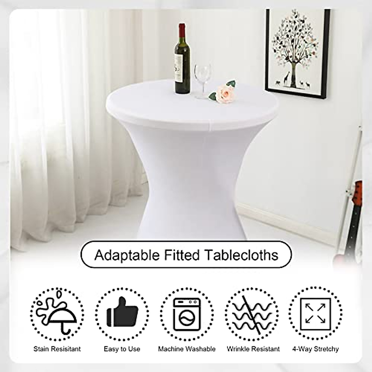 Dololoo 2 Pack Cocktail White Spandex Stretchable Tablecloths,Round Highboy Stretch Table Covers，Elastic Square Corners Table Clothes for Wedding,Party,Birthday,30"-32" Diameter x 40"-43" Height
