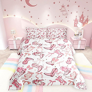 Manfei Cowgirl Comforter Set,Western Cowboy Boots Pink Bowknots Bedding Set for Kids Teens Bedroom,Dreamy Fairy Tale Princess Starry Quilt Set,Pink White Duvet Insert 2 Pcs with 1 Pillowcase,Twin