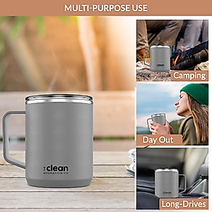 The Clean Hydration Company Insulated Coffee tumbler | Travel coffee mug | Ceramic Lined Tumbler | Iced Coffee Tumbler Cup with Lid | Double Wall Vacuum (Gray, Mug 12oz)