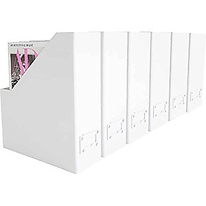 BLU MONACO Foldable White Magazine File Holder with Leather Label Holder - Set of 6 Cardboard Magazine File Boxes Desk File Organizer