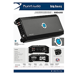 Planet Audio BBD4000 Class D Monoblock Car Amplifier - 4000 High Output, 1 Ohm, Low Level Inputs, Low Pass Crossover, Hook Up to Subwoofer for Bass