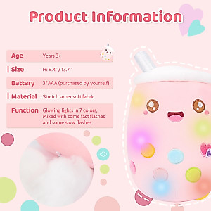 AIXINI Light up Boba Stuffed Plush Bubble Tea Pillow with LED Colorful Pearls Night Lights Glowing Super Soft-Pink,13.7''