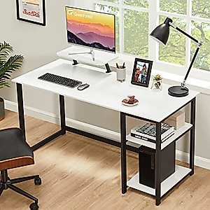 GreenForest Computer Home Office Desk with Monitor Stand and Reversible Storage Shelves,55 inch Modern Simple Writing Study PC Work Table,White