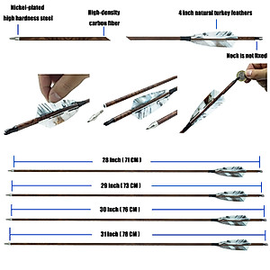 Archery Carbon Arrows 28/29/30/31 Inch 4 Inch Turkey Feather Spine 500 Competition Practice Hunting Target Shooting for Recurve Long Traditional Bow and Compound Bow 6/12Pcs (28 Inch,12 Pcs)
