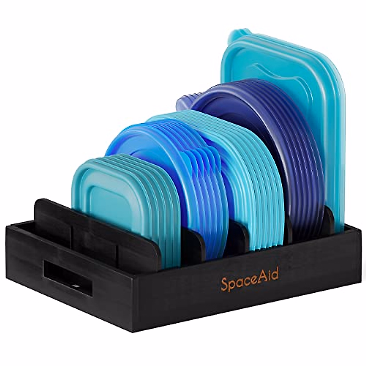 SpaceAid Bamboo Lid Organizer, Kitchen Pantry Lid Holder with 5 Adjustable Dividers for Cabinets, Food Storage Container Organizer for Plastic Lids, Includes Blank Writable Labels (Black)