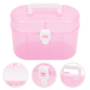 YARNOW Clear Double Layer Plastic Storage Box, 6. 9 x 4. 9 Inch Portable Handled Storage Case, Multipurpose Organizer with Removable Tray for Stationery Art Craft (Pink)