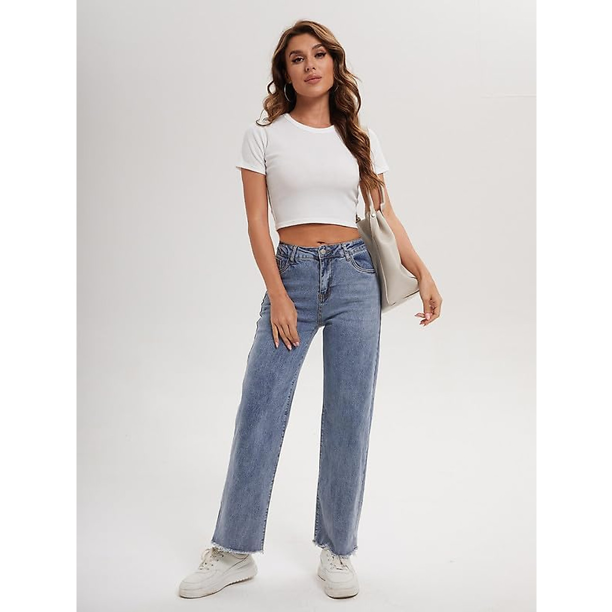 PEIHOT 90S Wide Leg Pants for Women Stretchy Mid Waisted Raw Hem Straight Leg Jeans Denim Pants 2023 Trendy Light Blue