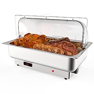 RIEDHOFF 9QT Electric Chafing Dish Set with Temperature Control, Roll Top Stainless Steel Full-size Chafer with Transparent Lid for Catering and Food Servers