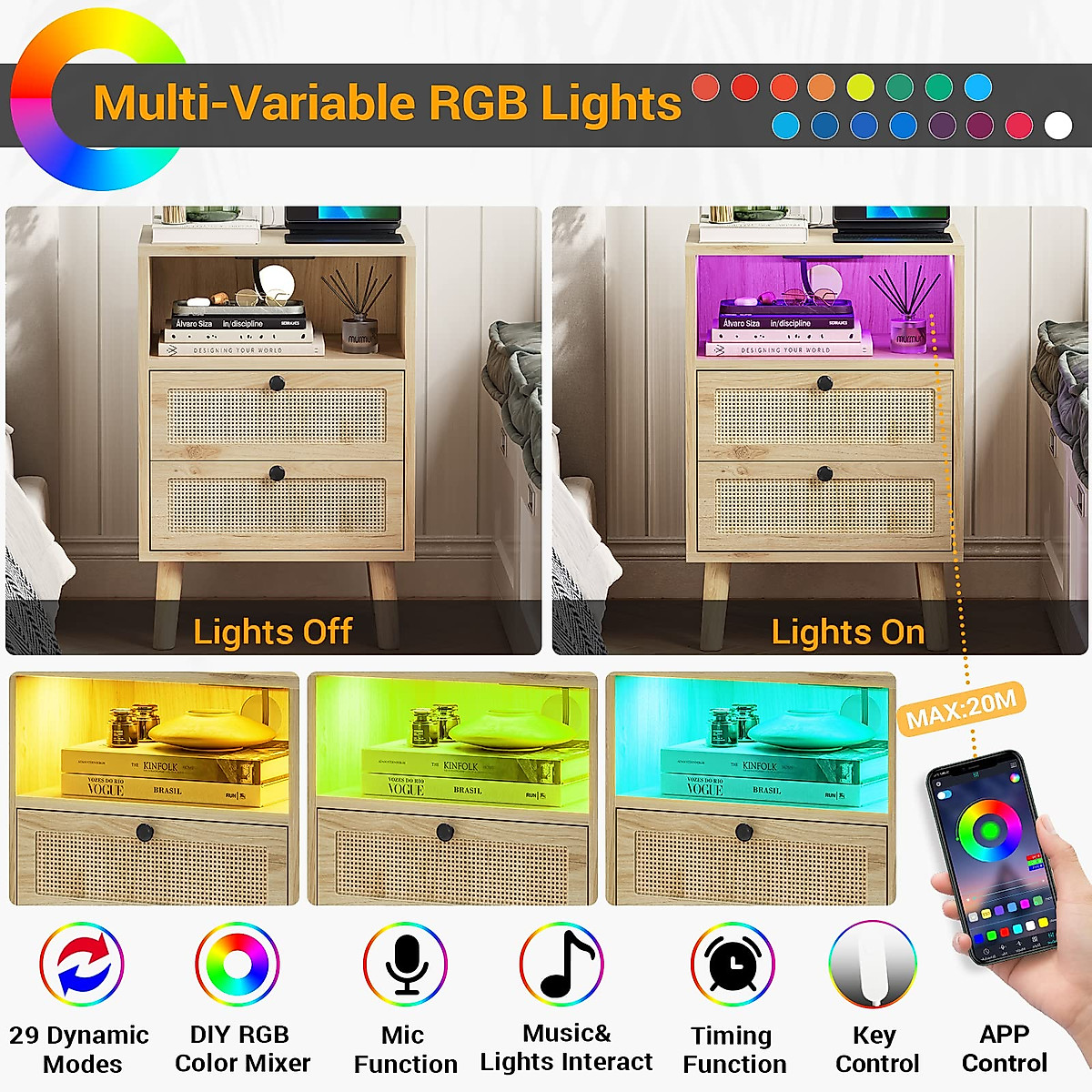 VIAGDO Rattan Nightstand with Charging Station, Led Night Stand with 2 Rattan Drawers, Bedside Tables with Solid Wood Feet, End Side Table with Open Storage Shelf for Bedroom