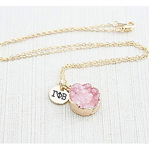 Sorority Shop GPB Necklace - Gamma Phi Beta Pink Druzy Gemstone Necklace With Engraved Pendant – 14K Gold Dipped Jewelry with Pink Gemstone – Sorority Gift, Charm Paraphernalia