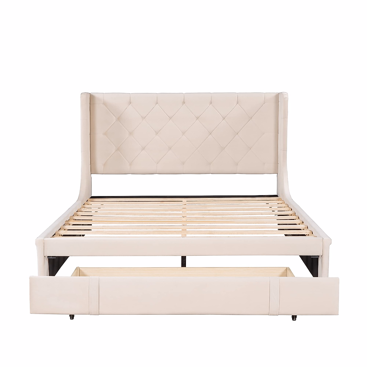 Yehha Queen Size Velvet Upholstered Platform Bed w/Button Tufted Headboard & Storage Drawers, Wooden Bedframe w/Strong Slats Support & Capacity 450LBS, No Box Spring Needed, Easy to Assemble, Beige