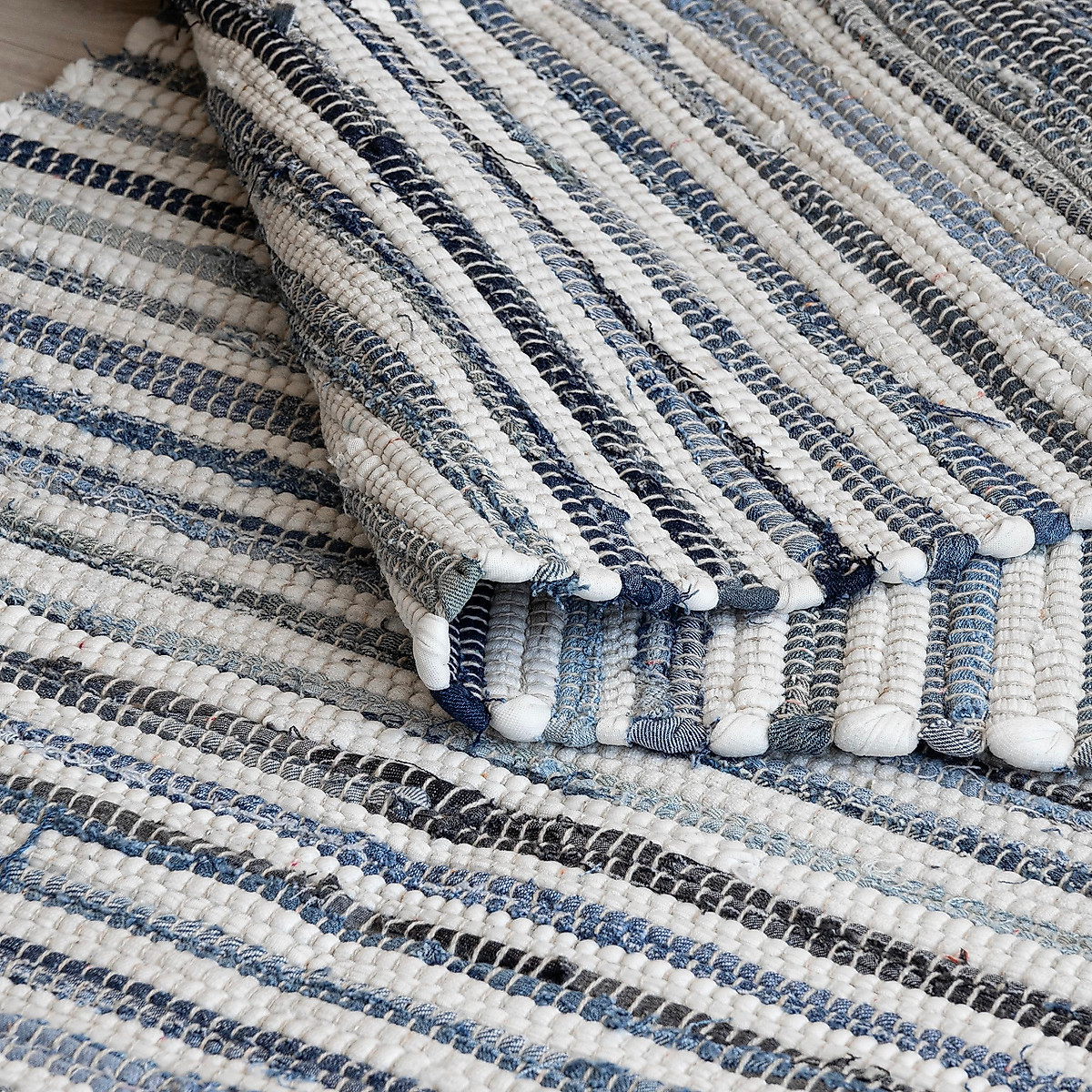 HOMEMONDE Chindi Rag Rug 20"x32" Rectangle Recycled Cotton Hand Braided Reversible Boho Rugs for Doormat/Kitchen/Living Room (Blue)