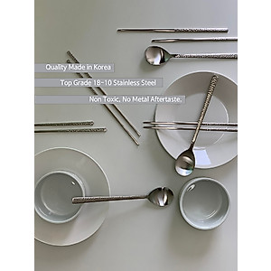 cozymomdeco Korean Made Silver Glossy Hammered Stainless Steel Korean Spoon & Chopstick SET (4SET)