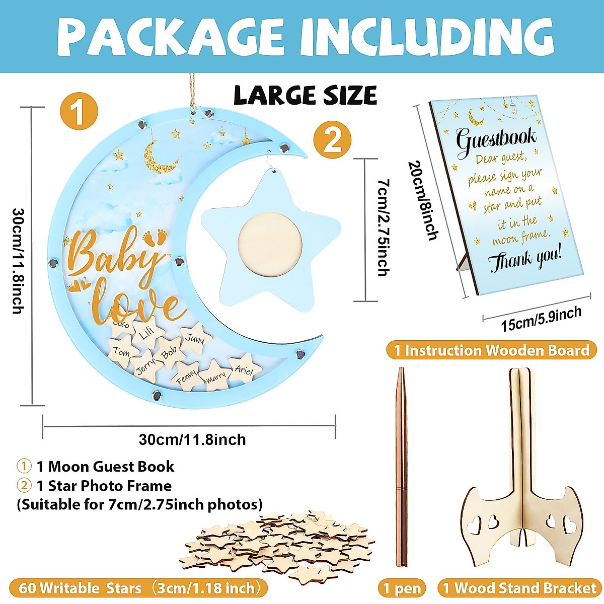 Baby Shower Guest Book Alternatives Moon Guest Book for Baby Shower Guest Book Frame with Star Baby Shower Decorations Guest Book Alternative for Wedding Boys Girls Birthday Party Keepsake(Blue)