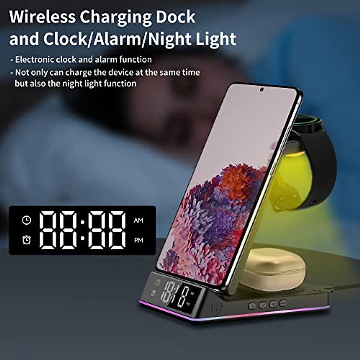 3 in1 Wireless Charger for Samsung, Qi Fast Wireless Charging Station with Clock/Alarm/Night Light for Samsung Galaxy Watch 5/Pro/4/3,Active 2/1,Galaxy S22/S21/Z Flip/Fold 3,Galaxy Buds 2/Pro/Live