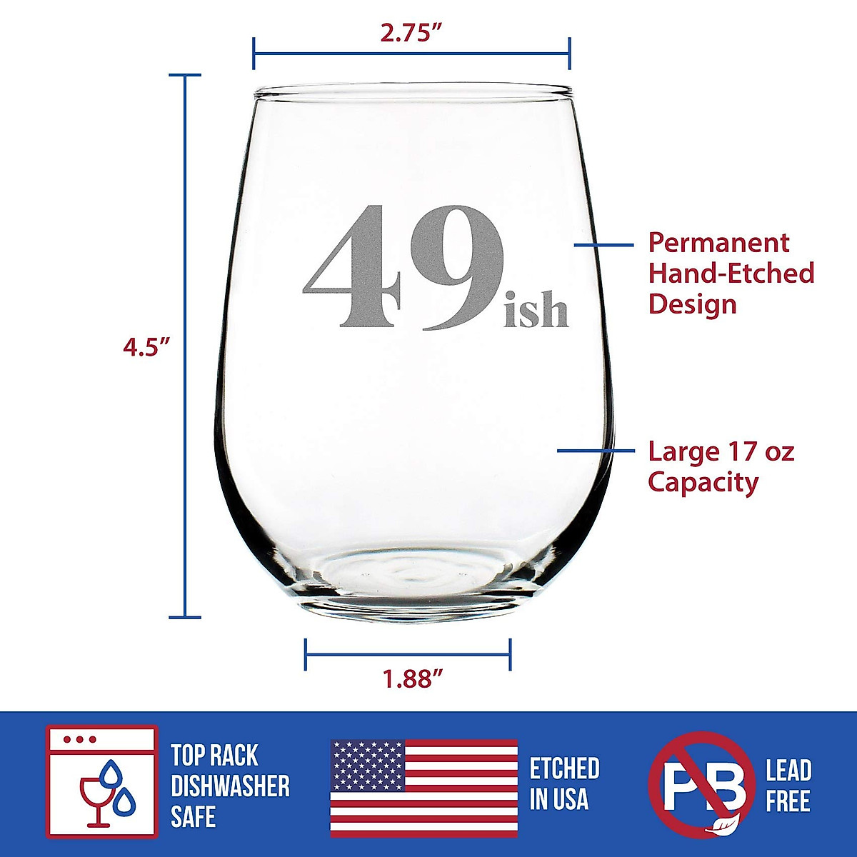 49ish - Funny 50th Birthday Wine Glass for Women Turning 50 - Large 17 Oz - Bday Party Decorations