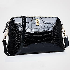 Women PU Patent Leather Alligator Stripe Handbag Clutch Shoulder Bag Cross Body Bag Clutch Handbag Shell Bag(Black)