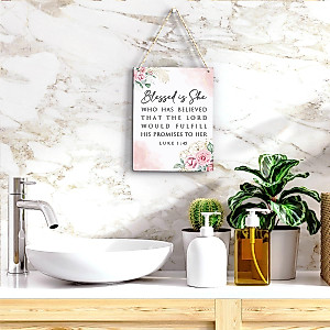 Inspirational Bible Verse Wall Art Decor Pink Luke 1:45 Christian Gifts for Women Scripture Wooden Hanging Sign for Modern Home Office Kids Room Bathroom Bedroom Wall Art Decoration 8 x 10 Inches