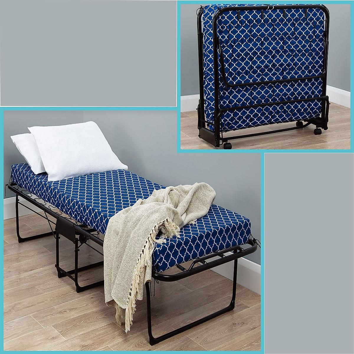 HRVEOCEI Folding Bed with Mattress for Adults, Twin Size Metal Portable Bed with Memory Foam Mattress & Wheels, Space Saving Fold Up Bed for Easy Storage