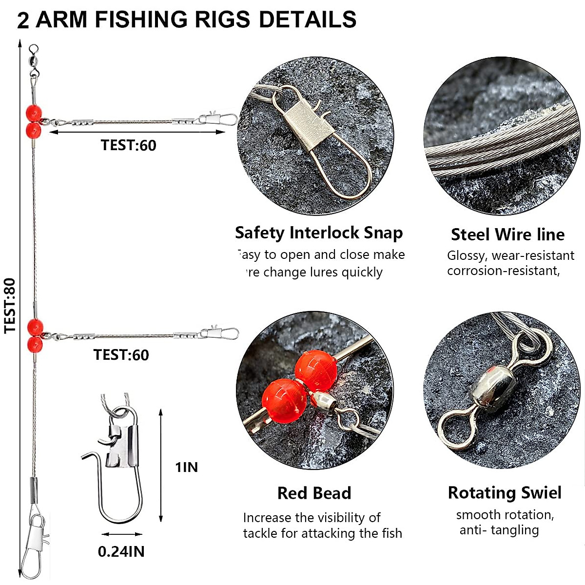 YOTO Fishing Leaders,Stainless Steel Tackle Rig with Tackle Lure Swivels Snaps, Saltwater rig Wire Leader Fishing Leader Wire Bottom rigs for Saltwater